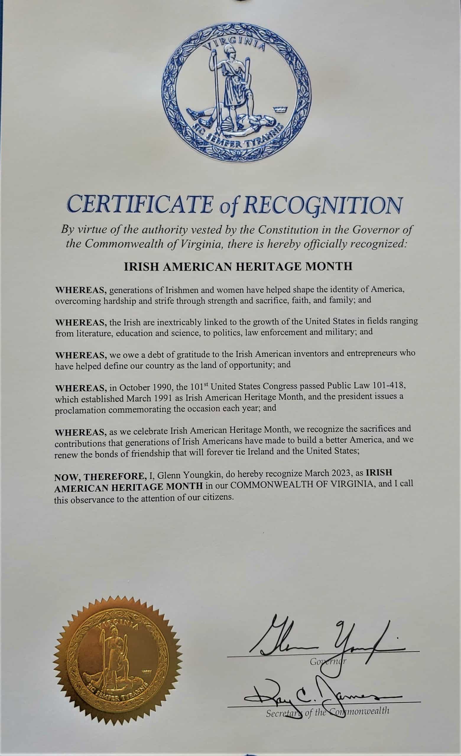 VA Gov. Younkin proclaims March 2023 as Irish American Heritage Month ...